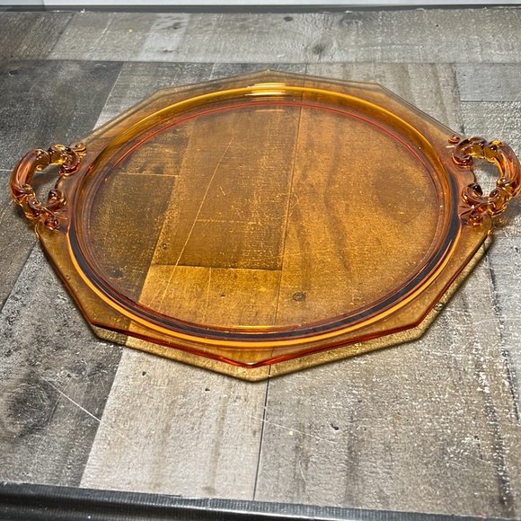 Accents | Vintage Amber Glass Round Tray With Attached Glass Handles On ...